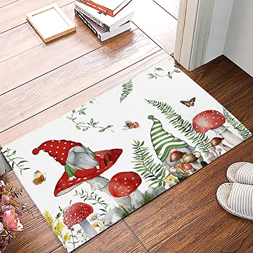 Spring Cute Gnome Sit on Mushroom with Wild Flower, Bathroom Shower Mat Doormat Non Slip,Floor Rug Absorbent Carpets Floor Mat Home Decor for Kitchen Bedroom Rug, 16"X 24"