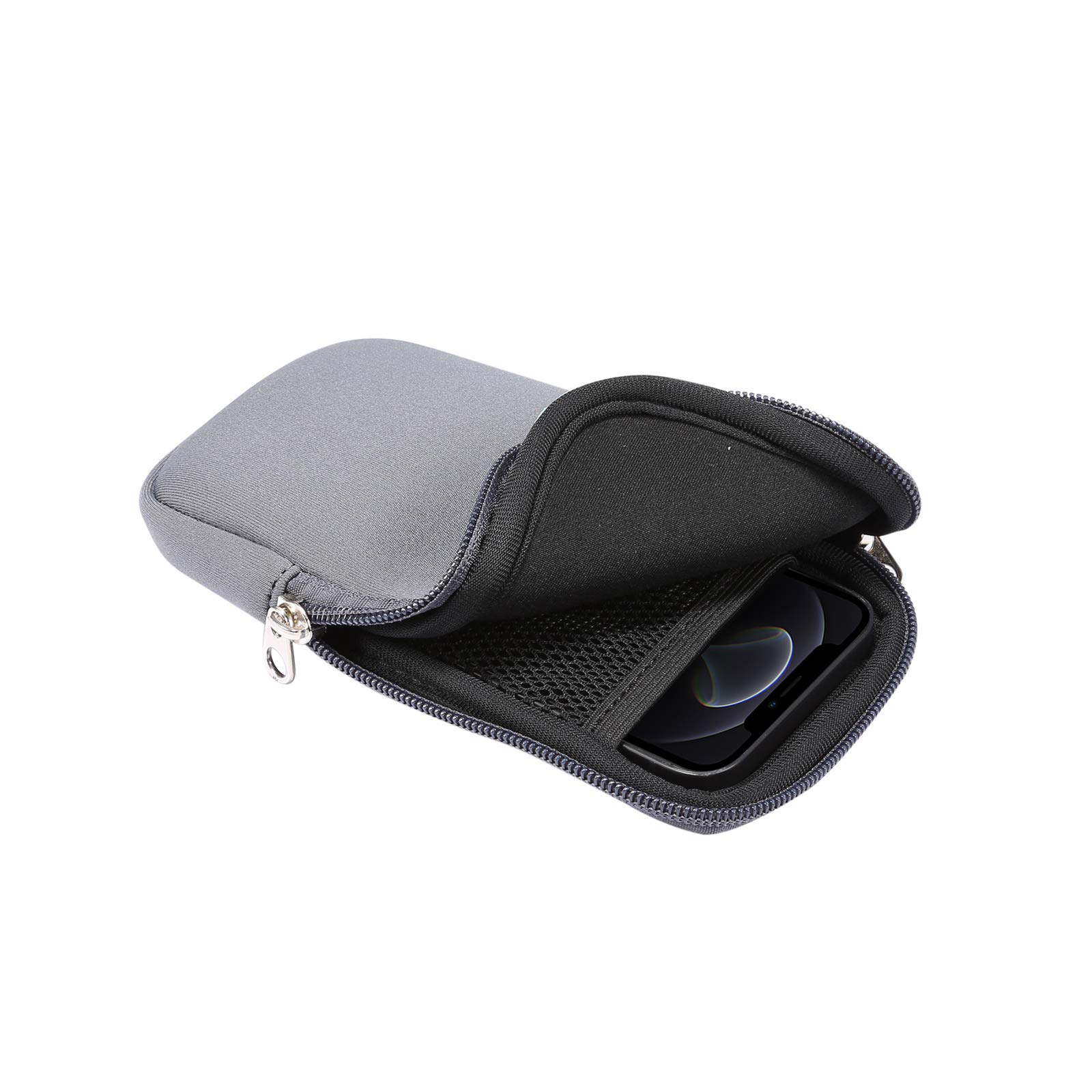 Zippered Neoprene Cell Phone Sleeve Mesh Pocket Pouch for iPhone 16 Plus 15 Plus iPhone 15 14 13 Pro Max 12 Pro Max Google Pixel 8/7 Pro 6 Pro OnePlus 12 11 Moto G Power 2022 (Gray)