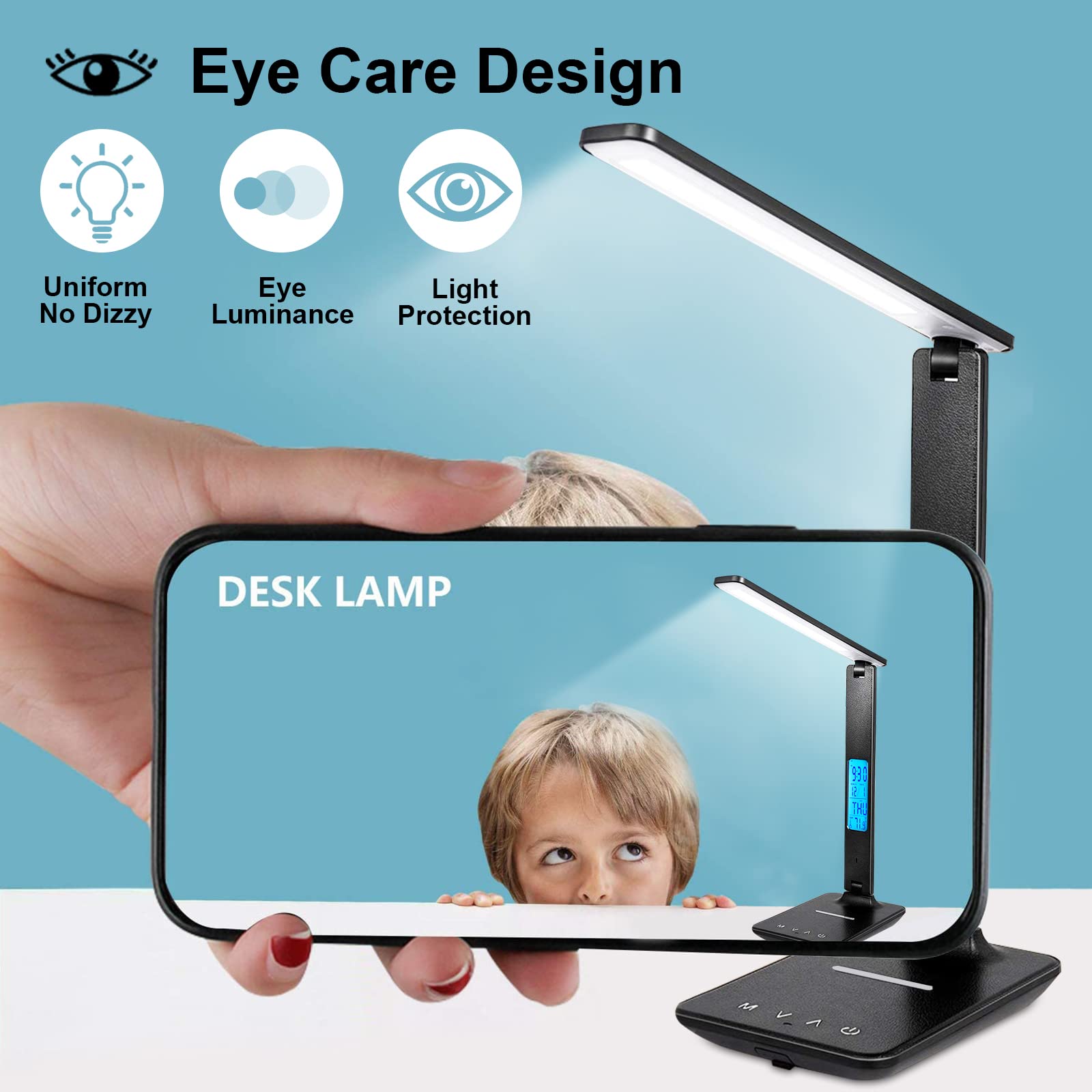 LAOPAO Desk Lamp, LED Desk Lamp with Wireless Charger, USB Charging Port, Adjustable Foldable ​Table Lamp with Clock, Alarm, Date, Temperature, 5-Level Dimmable ​Lighting​, Office Lamp with Adapter