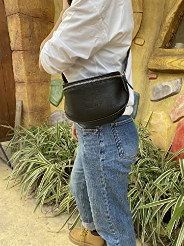 Soft Real Leather Crossbody Bags for Women Shoulder Bag Women's Real Leather Messenger Bag Bumbag with Wide Changeable Strap (Black-Leather)