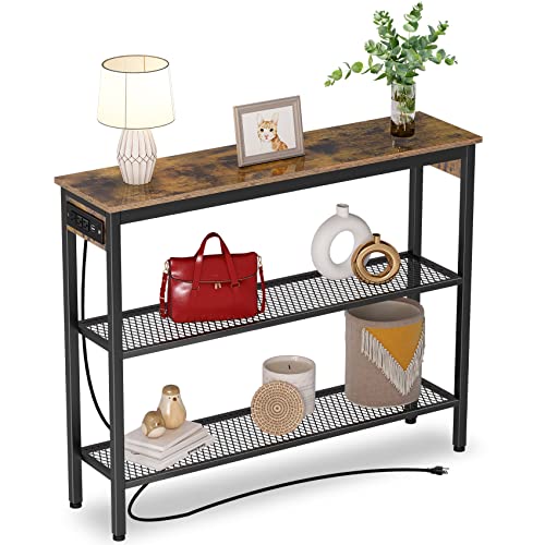 Mr IRONSTONE Console Table with Power Outlet, 39" Narrow Sofa Table, 3-Tier Couch Table Behind Sofa with Metal Frame Hallway Table for Entryway, Living Room, Rustic Brown