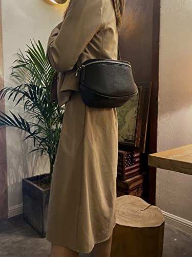 Soft Real Leather Crossbody Bags for Women Shoulder Bag Women's Real Leather Messenger Bag Bumbag with Wide Changeable Strap (Black-Leather)