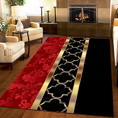 Large Abstract Art Area Rug,5x7ft,Minimalist Modern Red Gold and Black Living Room Decorative Carpet,Suitable for Bedroom Office Study Dining Room Soft and Comfortable Creative Design Carpet Mat