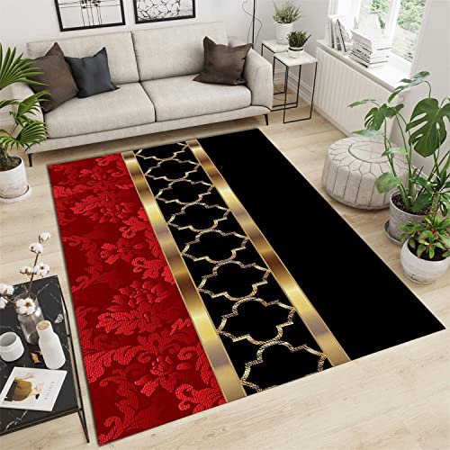 Large Abstract Art Area Rug,5x7ft,Minimalist Modern Red Gold and Black Living Room Decorative Carpet,Suitable for Bedroom Office Study Dining Room Soft and Comfortable Creative Design Carpet Mat