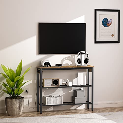 Mr IRONSTONE Console Table with Power Outlet, 39" Narrow Sofa Table, 3-Tier Couch Table Behind Sofa with Metal Frame Hallway Table for Entryway, Living Room, Rustic Brown
