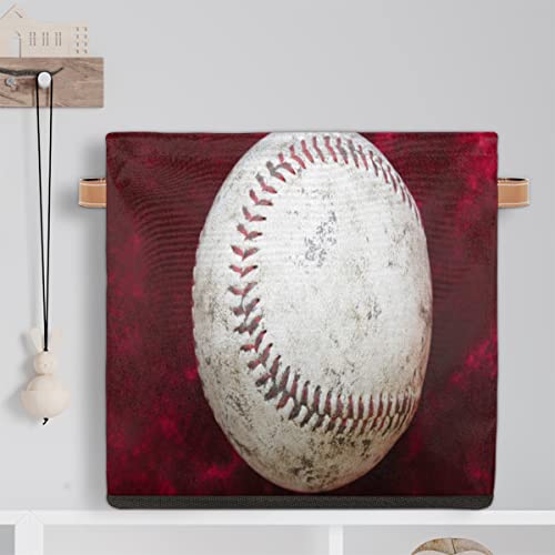 Large Collapsible Storage Bins,Retro Baseball Print Decorative Canvas Fabric Storage Boxes Organizer with Handles,Cube Square Baskets Bin for Home Shelves Closet Nursery Gifts