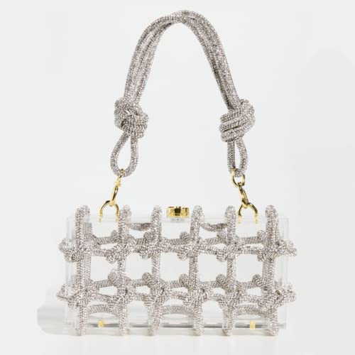 Grindfy Crystal-Embellished Rope Acrylic Clutch Rhinestones Evening Shoulder Bag Crystal women Clear Party Wedding Knot Bag (Sliver)
