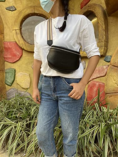 Soft Real Leather Crossbody Bags for Women Shoulder Bag Women's Real Leather Messenger Bag Bumbag with Wide Changeable Strap (Black-Leather)