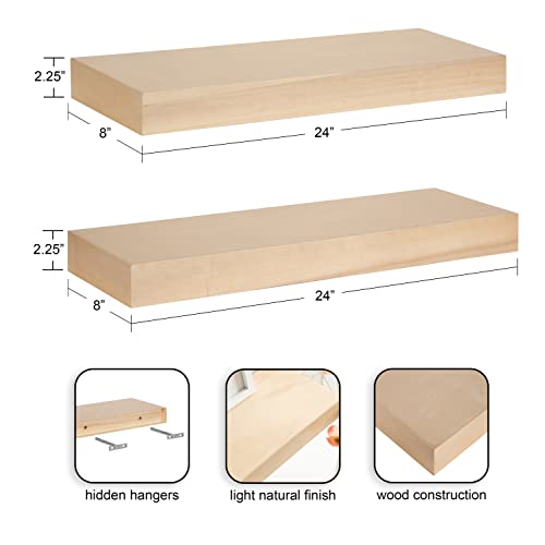 Kate and Laurel Havlock Modern Floating, Mid-Century Bathroom and Kitchen Shelves for Storage and Display, Set of, 2 Piece 24 x 8, Natural Wood