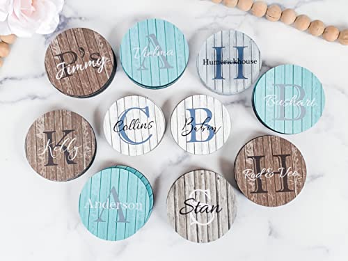 Personalized Coasters for Drinks Barnwood Design Custom Coaster Set Monogram Initial Name Wedding Anniverary Gift Handmade by The Painted Pug (Dark Brown)