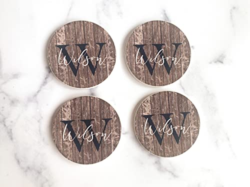 Personalized Coasters for Drinks Barnwood Design Custom Coaster Set Monogram Initial Name Wedding Anniverary Gift Handmade by The Painted Pug (Dark Brown)
