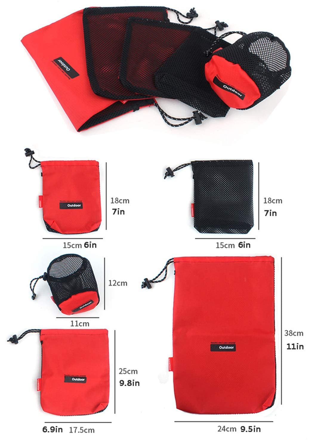 Vikodah Drawstring Bags, Nylon Cinch and Ditty Stuff Pouch,Mesh-Stuff-Sack for Camping Travel Gym Sports Storage 5-in-2