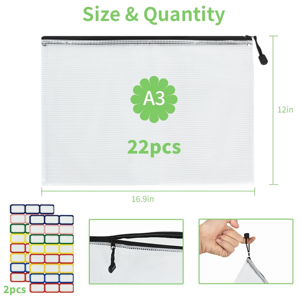 Vuzvuv 22Pcs A3 Size-16.9"x 12" Large Mesh Zipper Pouch with Label Sticker, Plastic Document Mesh Bag for File Board Game School Office Home Travel Storage(43cm30cm)