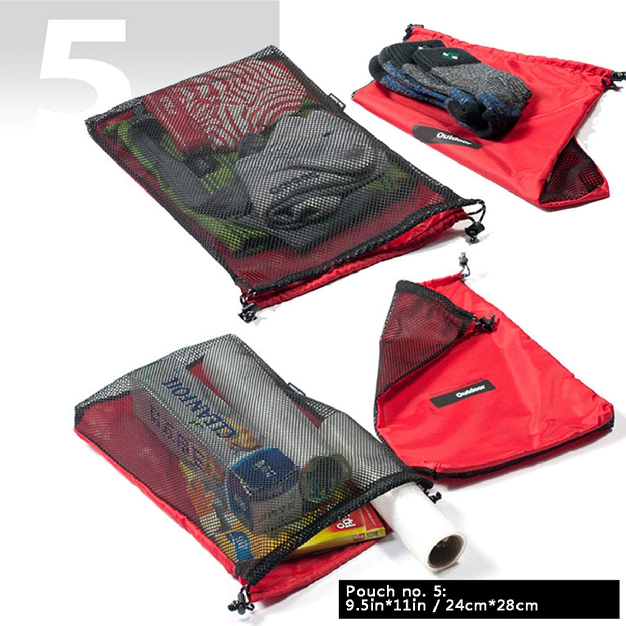 Vikodah Drawstring Bags, Nylon Cinch and Ditty Stuff Pouch,Mesh-Stuff-Sack for Camping Travel Gym Sports Storage 5-in-2
