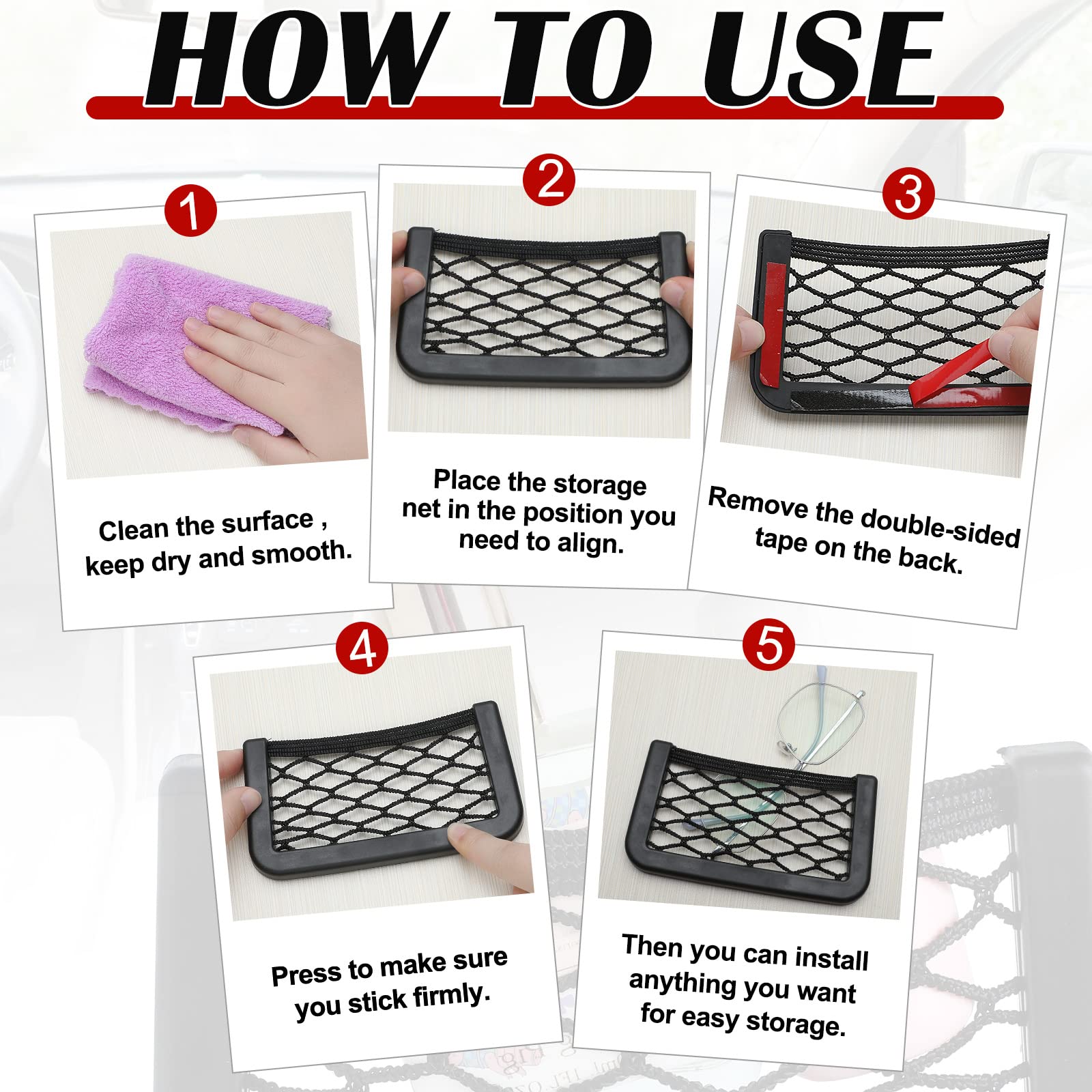 Hicarer 4 Pieces Car Storage Pocket Mesh Net Pocket Storage Back Net Mesh Car Organizer Universal String Bag Seat Side for Purse Phone Holder Organizer (6 x 3.2 Inch)