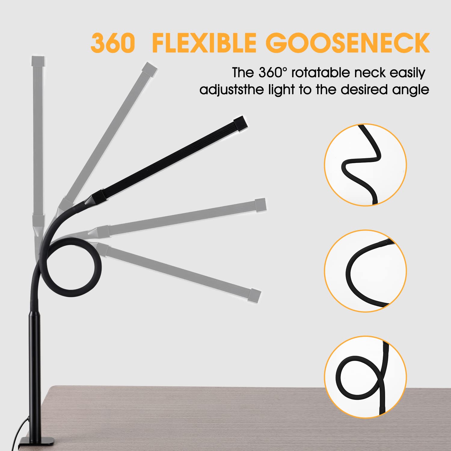 LIBORA LED Desk Lamp with Clamp, Dimmable Clip Light for Home Office, 3 Modes 10 Brightness, Long Flexible Gooseneck, Eye-Caring, Architect Table Task Lamps with USB Adapter, Black