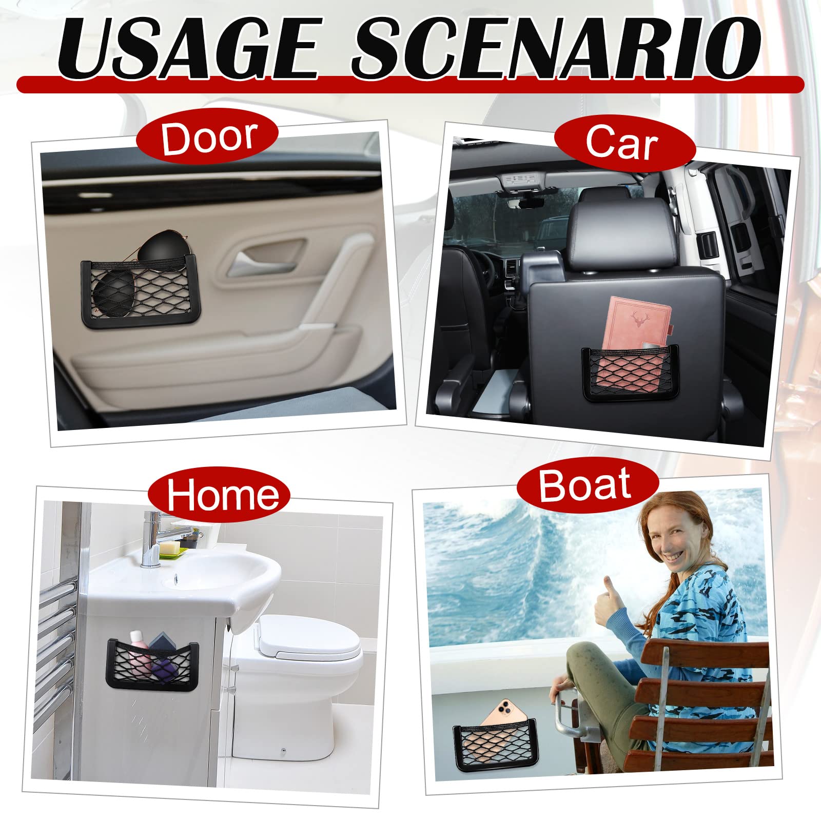 Hicarer 4 Pieces Car Storage Pocket Mesh Net Pocket Storage Back Net Mesh Car Organizer Universal String Bag Seat Side for Purse Phone Holder Organizer (6 x 3.2 Inch)