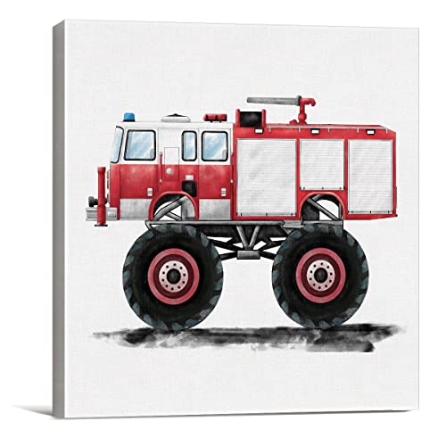 Lameila Fire Engine Monster Truck Artwork Sign Wall Art Prints Watercolor Monster Truck Fire Truck Canvas Painting Vehicles Nursery Print Home Boys Bedroom Playroom Decor 8" x 8"