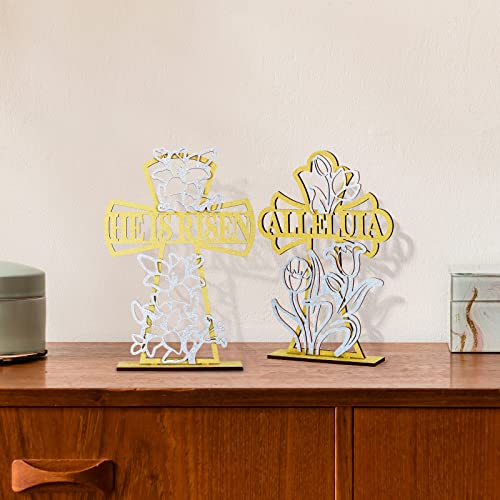 2 Pcs Easter Decorations Jesus Cross Sign Table Centerpieces Gold He Is Risen Cross Wood Tabletop 11in Alleluia Flower Christians Table Set Decor for Easter Tabletop Home Indoor Outdoor Spring Decor