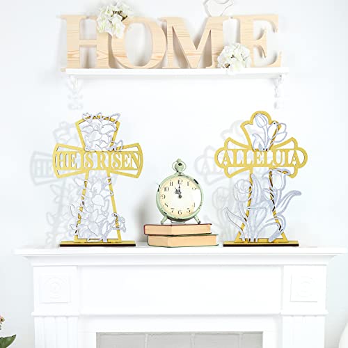 2 Pcs Easter Decorations Jesus Cross Sign Table Centerpieces Gold He Is Risen Cross Wood Tabletop 11in Alleluia Flower Christians Table Set Decor for Easter Tabletop Home Indoor Outdoor Spring Decor