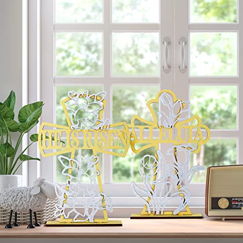 2 Pcs Easter Decorations Jesus Cross Sign Table Centerpieces Gold He Is Risen Cross Wood Tabletop 11in Alleluia Flower Christians Table Set Decor for Easter Tabletop Home Indoor Outdoor Spring Decor