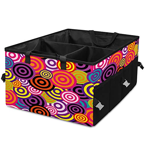 Car Trunk Organizer Colorful Retro Abstract Circles Back Seat Big Size Car Storage Bag with Detachable Dividers Car Accessories Portable Collapsible Trunk Cargo Organizer Grocery Box for SUV
