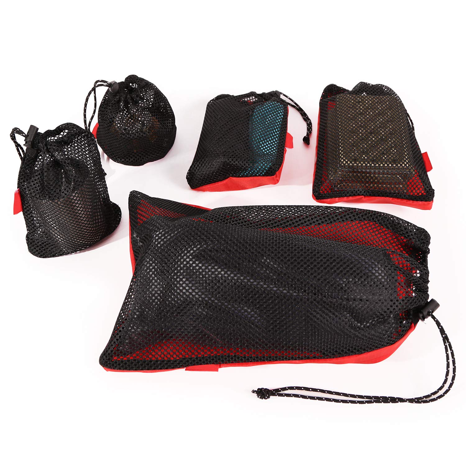 REDCAMP Stuff Sack Set of 5, Lightweight Mesh Nylon Drawstring Storage Bag Pouch for Travelling Hiking Red