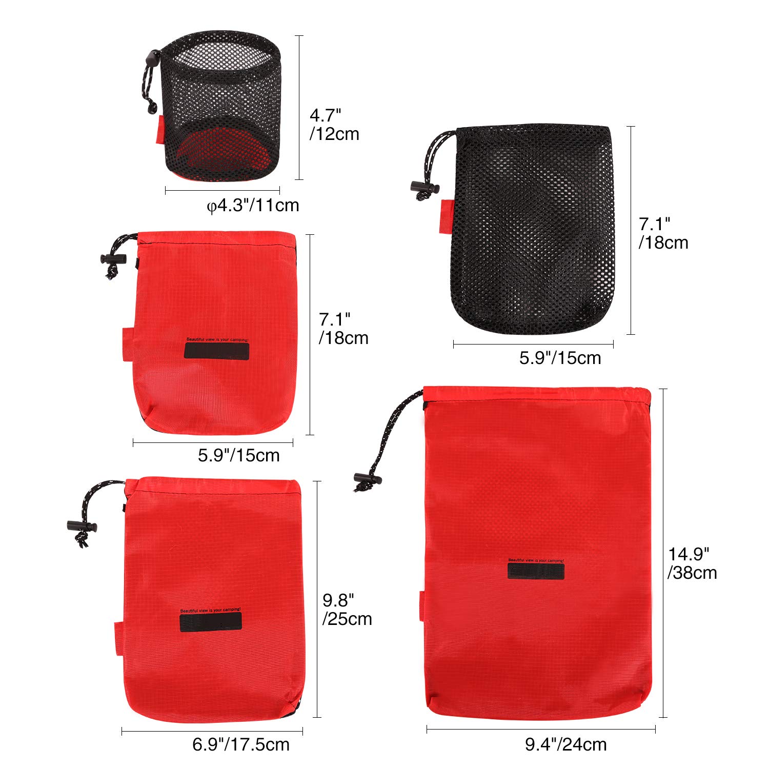 REDCAMP Stuff Sack Set of 5, Lightweight Mesh Nylon Drawstring Storage Bag Pouch for Travelling Hiking Red