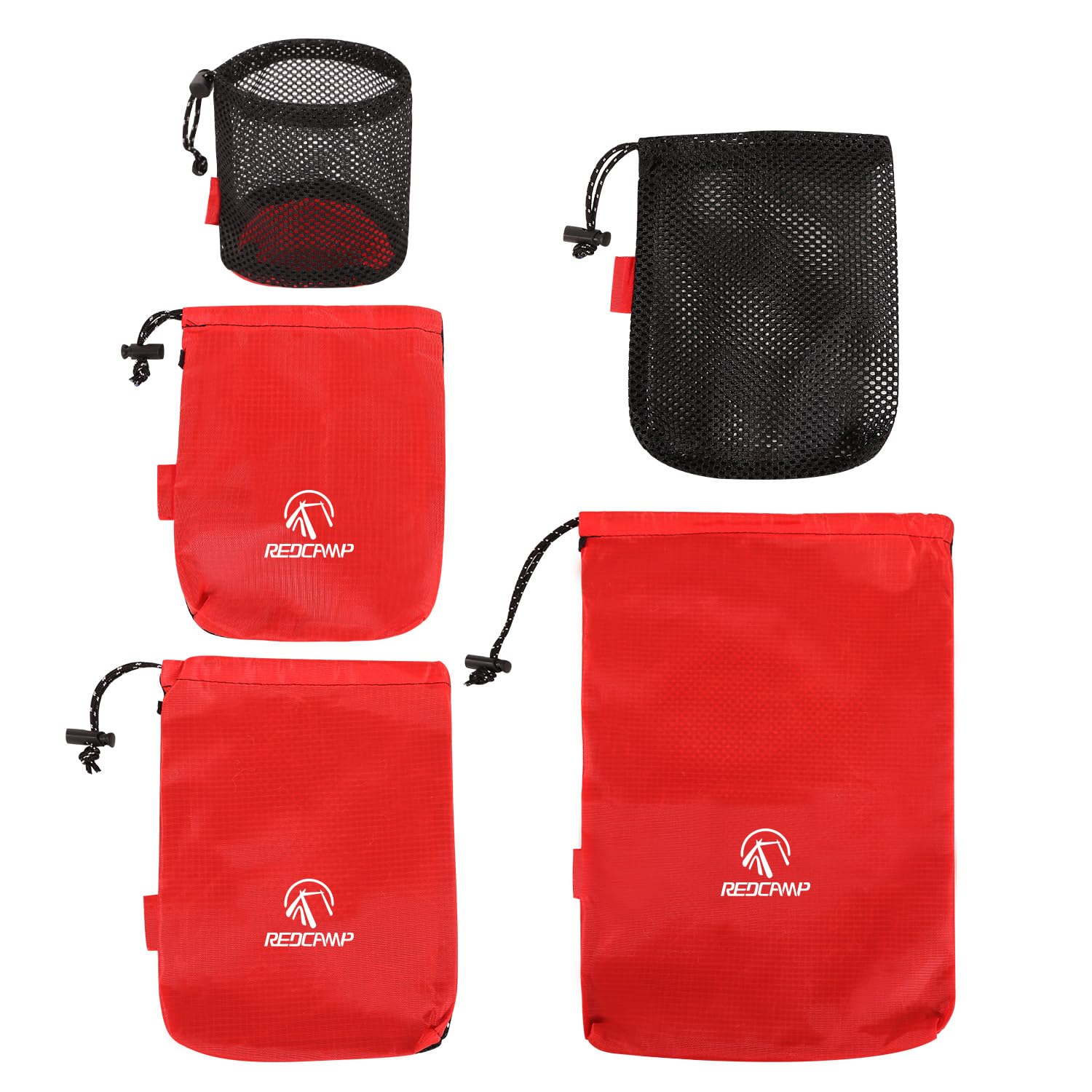 REDCAMP Stuff Sack Set of 5, Lightweight Mesh Nylon Drawstring Storage Bag Pouch for Travelling Hiking Red