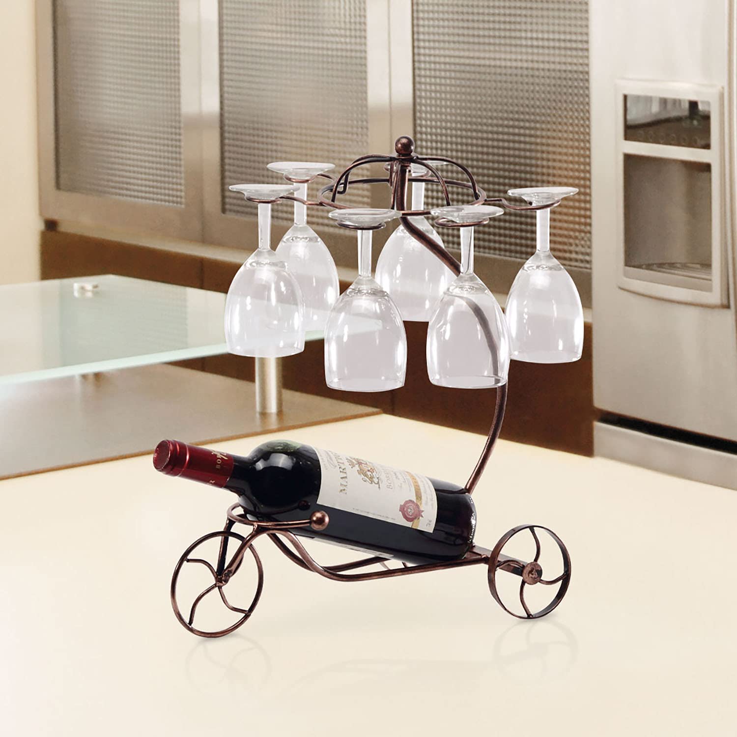 MyGift Vintage Bronze Metal Tabletop Wine Bottle Holder and Wine Glass Rack with Perisian Tricycle Design, Holds Single Bottle and 6 Stemware