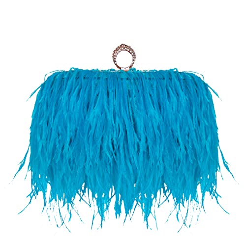 ZAKIA Ostrich Feather Clutch Purse Fluffy Tote Handbag for Women Evening Party Prom (A-Acid blue)