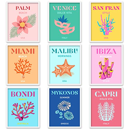 Whaline 9Pcs Preppy Travel Wall Art Prints Colorful Abstract Aesthetic Preppy Room Decor Minimalist Art Poster Decor for Teen Girls Bedroom Pink College Dorm Room Posters(UNFRAMED 8x10in)