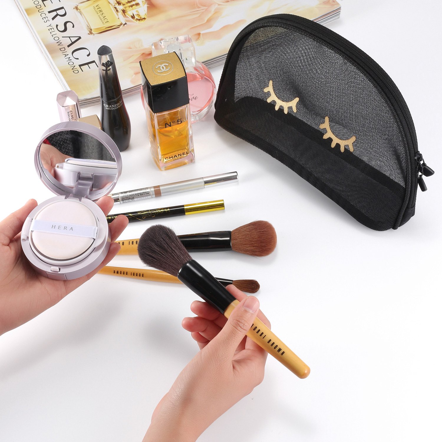 Cosmetics Bag, See Through Makeup Bag/Organizer, Stylish Eyelashes, 9x6 pouch, Mesh Travel Accessories Organizer by Charmonic (Black)