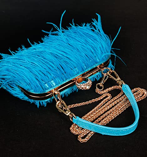 ZAKIA Ostrich Feather Clutch Purse Fluffy Tote Handbag for Women Evening Party Prom (A-Acid blue)