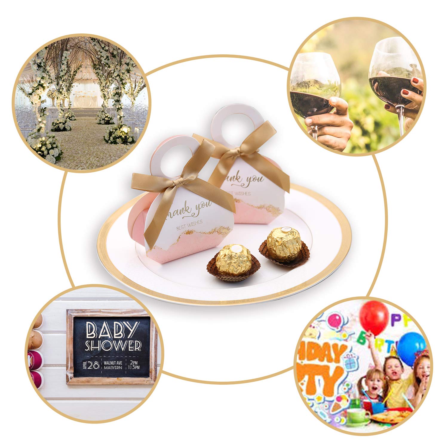 DORIS HOME 50 pcs Birthday Wedding Party Favor Boxes,Pink 2.5 * 1.37 * 3 inch Wedding Gift Bags Chocolate Candy and Gift Boxes Bridal Shower Party Paper Gift Boxes with Ribbons