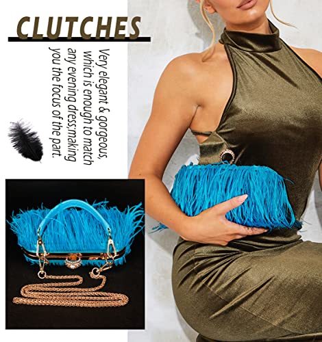 ZAKIA Ostrich Feather Clutch Purse Fluffy Tote Handbag for Women Evening Party Prom (A-Acid blue)