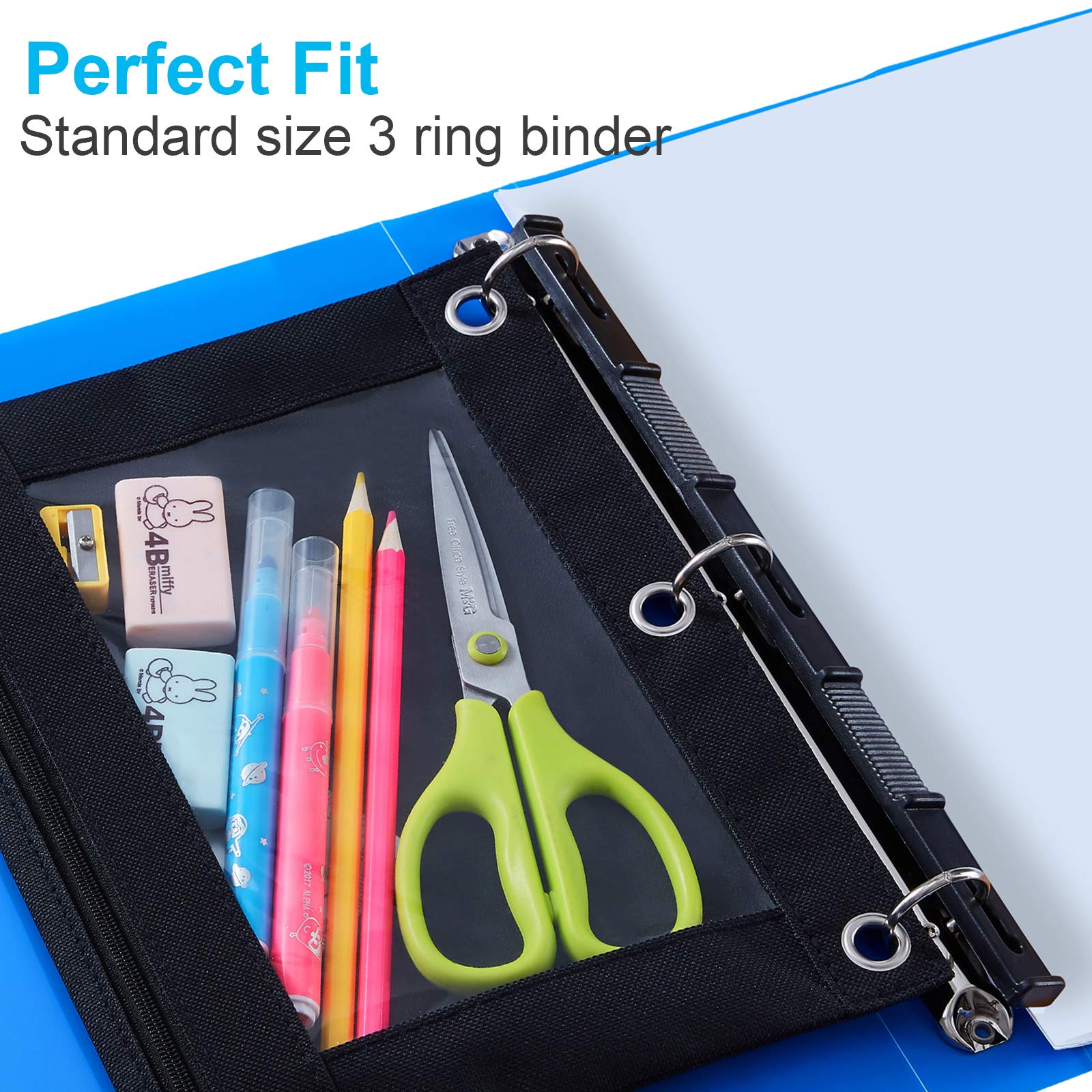 Sooez Pencil Pouch for 3 Ring Binder, 2 Pack Fabric Binder Pouch with 2 Pockets, Pencil Bags with Zipper and Reinforced Grommets, Pencil Cases for Binder