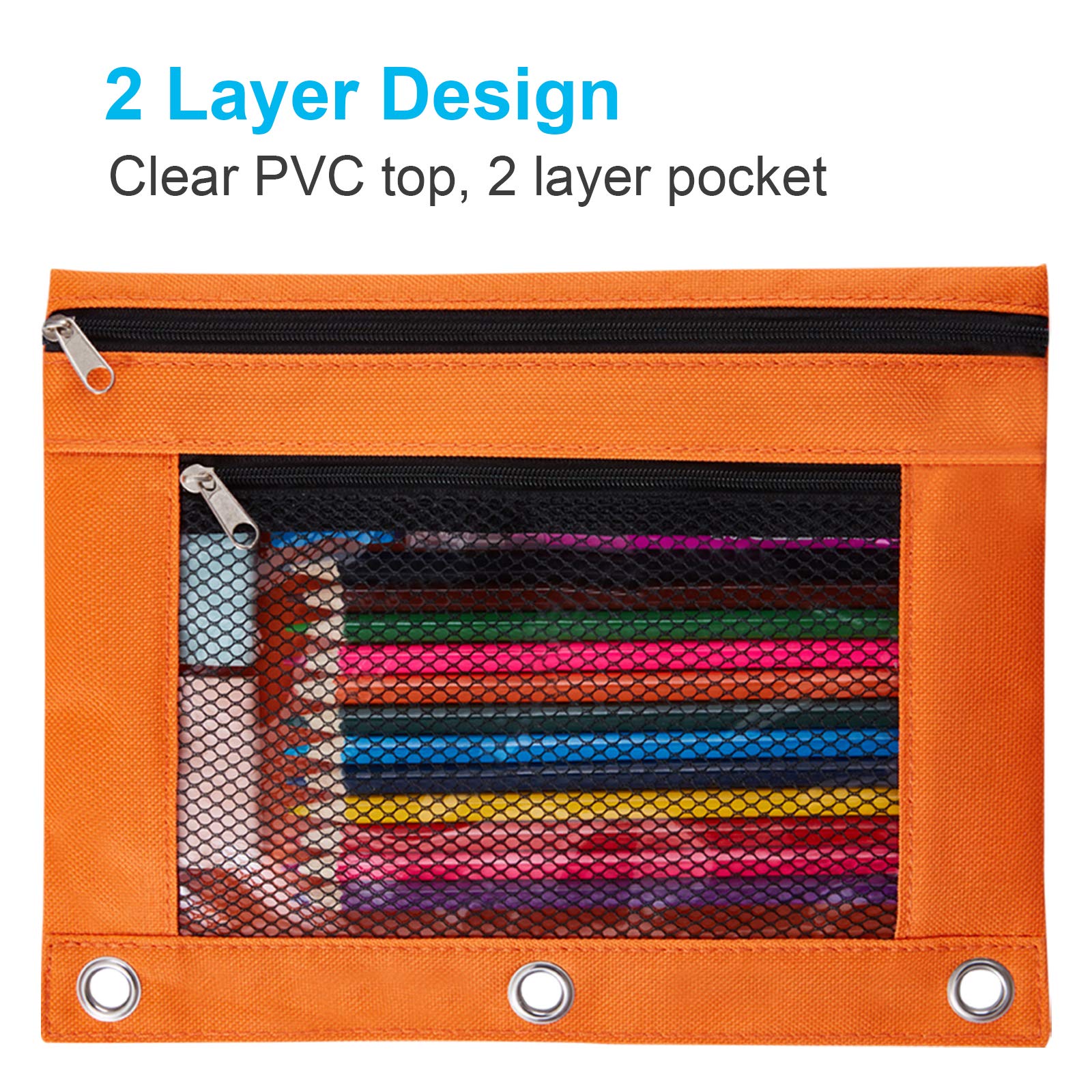 Sooez Pencil Pouch for 3 Ring Binder, 2 Pack Fabric Binder Pouch with 2 Pockets, Pencil Bags with Zipper and Reinforced Grommets, Pencil Cases for Binder