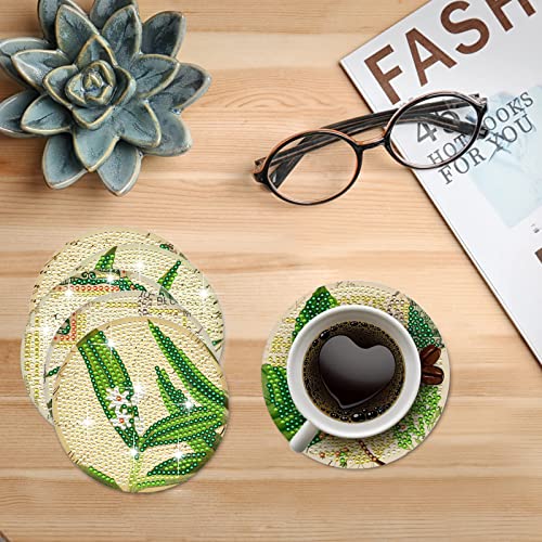 6 Pcs Leaves Diamond Art Painting Coasters Kits with Holder DIY Green Leave Diamond Art Coaster Non Slip Coaster for Adults Diamond Painting Kits Supplies