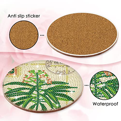 6 Pcs Leaves Diamond Art Painting Coasters Kits with Holder DIY Green Leave Diamond Art Coaster Non Slip Coaster for Adults Diamond Painting Kits Supplies