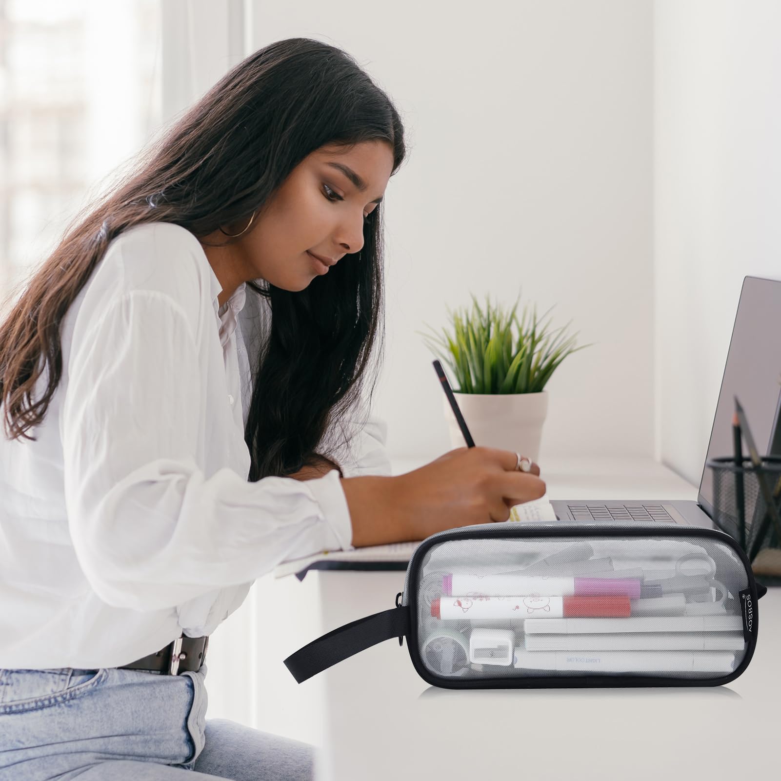 Aosbos Mesh Pencil Case, Clear Pencil Pouch Pencil Bags, Transparent Pen Holder Bag, Multi-Purpose Organizer Box with Portable Strap, White and Black