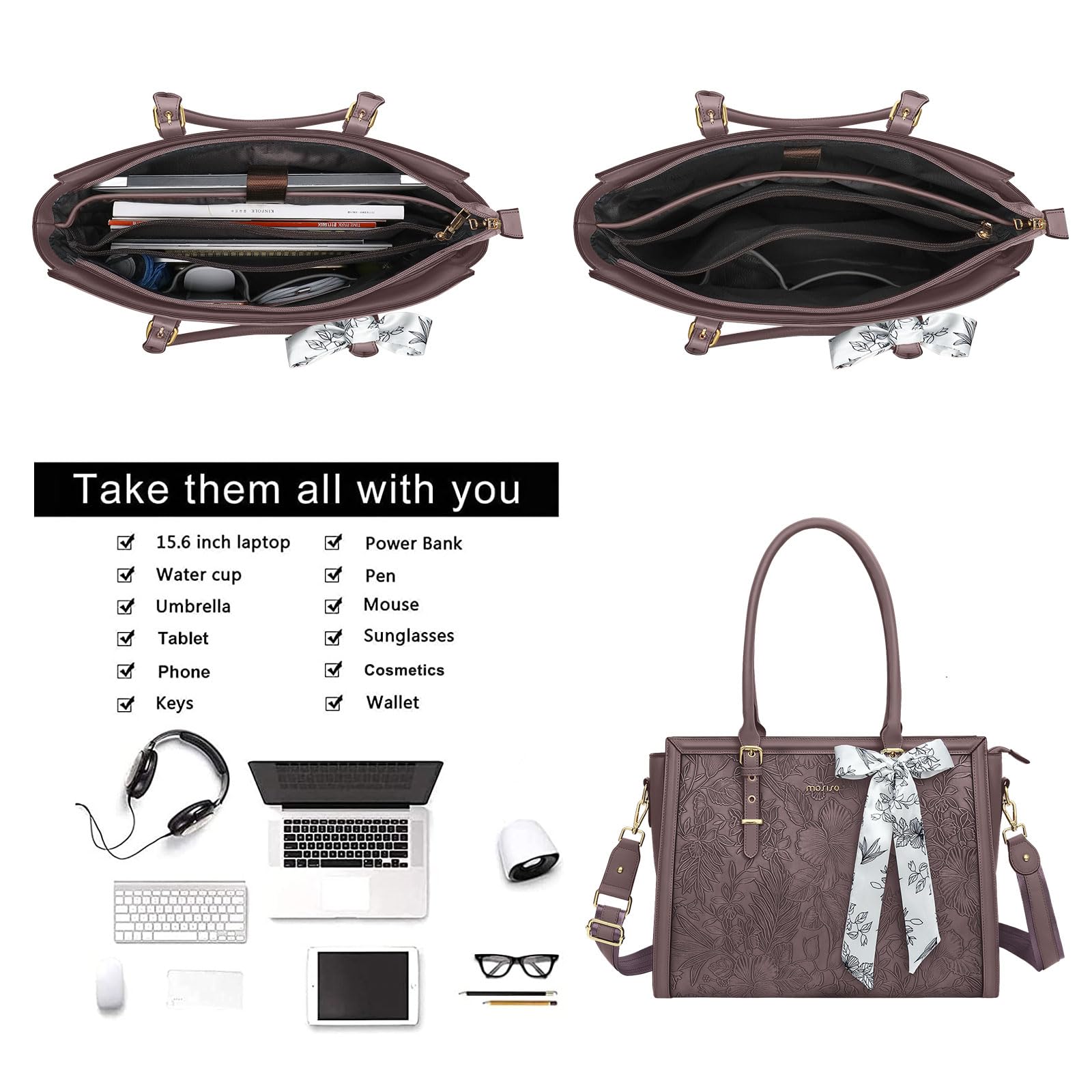 MOSISO Laptop Bag for Women, 15.6-16 inch PU Leather Tote Bag Compatible with MacBook, HP, Dell, Asus Notebook, Front Embossed Retro Hibiscus Computer Bag with Silk Scarf&Clutch Purse, Slate Purple