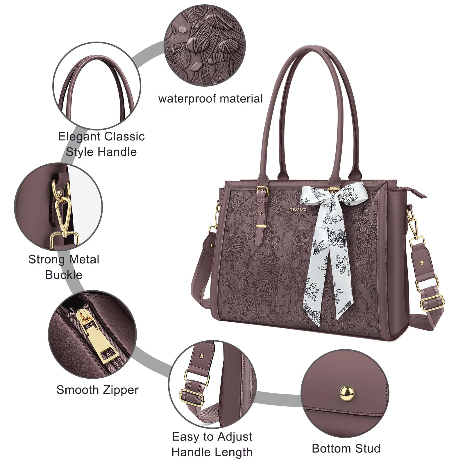 MOSISO Laptop Bag for Women, 15.6-16 inch PU Leather Tote Bag Compatible with MacBook, HP, Dell, Asus Notebook, Front Embossed Retro Hibiscus Computer Bag with Silk Scarf&Clutch Purse, Slate Purple
