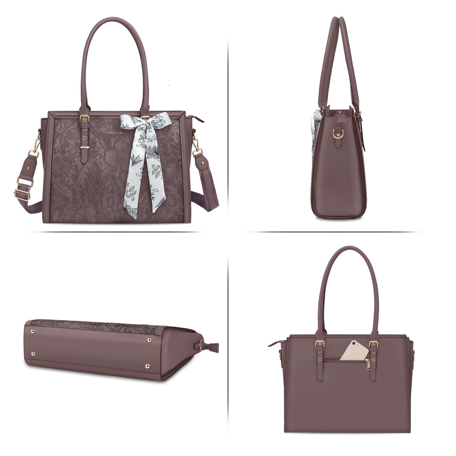 MOSISO Laptop Bag for Women, 15.6-16 inch PU Leather Tote Bag Compatible with MacBook, HP, Dell, Asus Notebook, Front Embossed Retro Hibiscus Computer Bag with Silk Scarf&Clutch Purse, Slate Purple