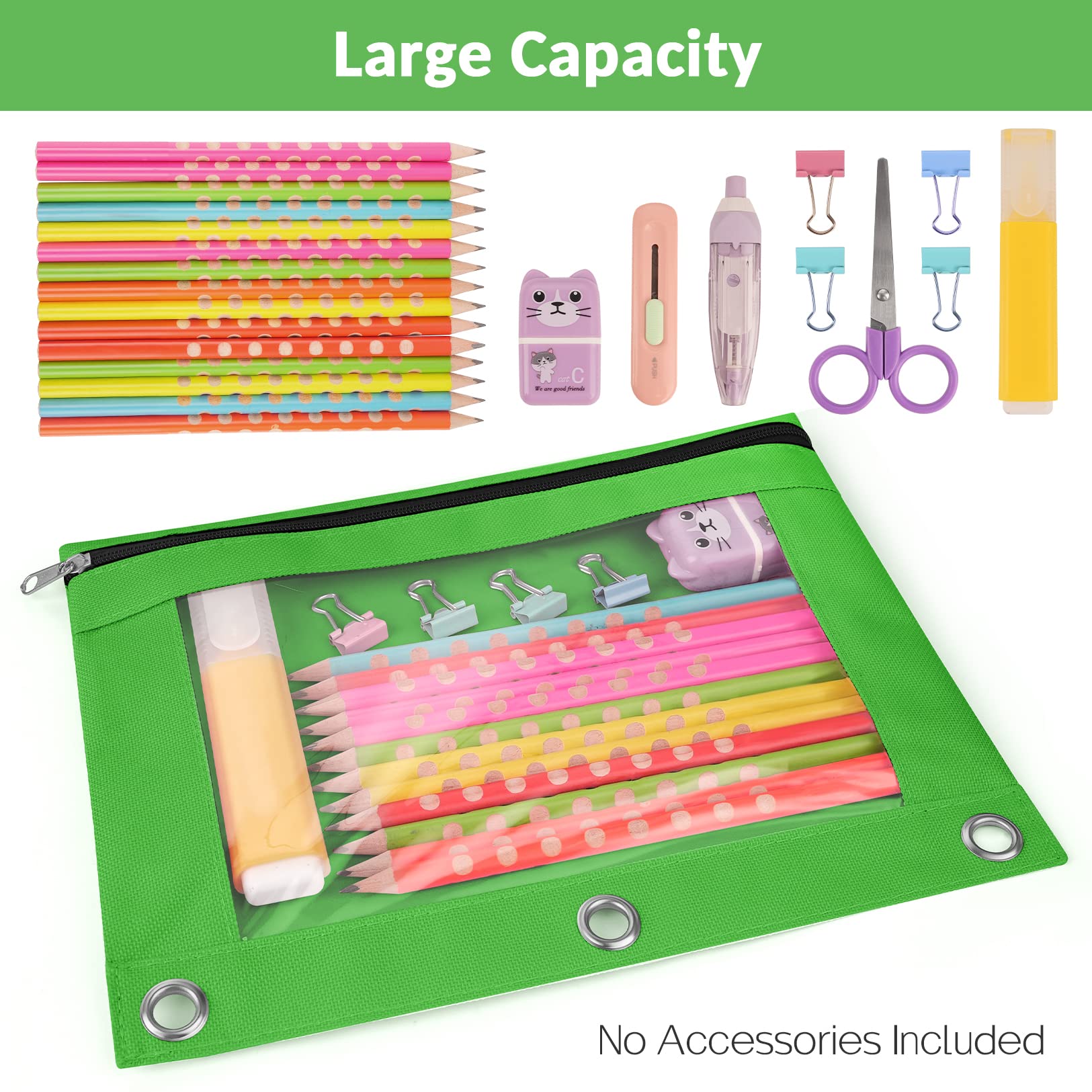 Sooez Pencil Pouch for 3 Ring Binder, 2 Pack Binder Pencil Pouch with Clear Window Pencil Bags with Zipper & Reinforced Grommets, Pencil Case for Binder Blue & Green