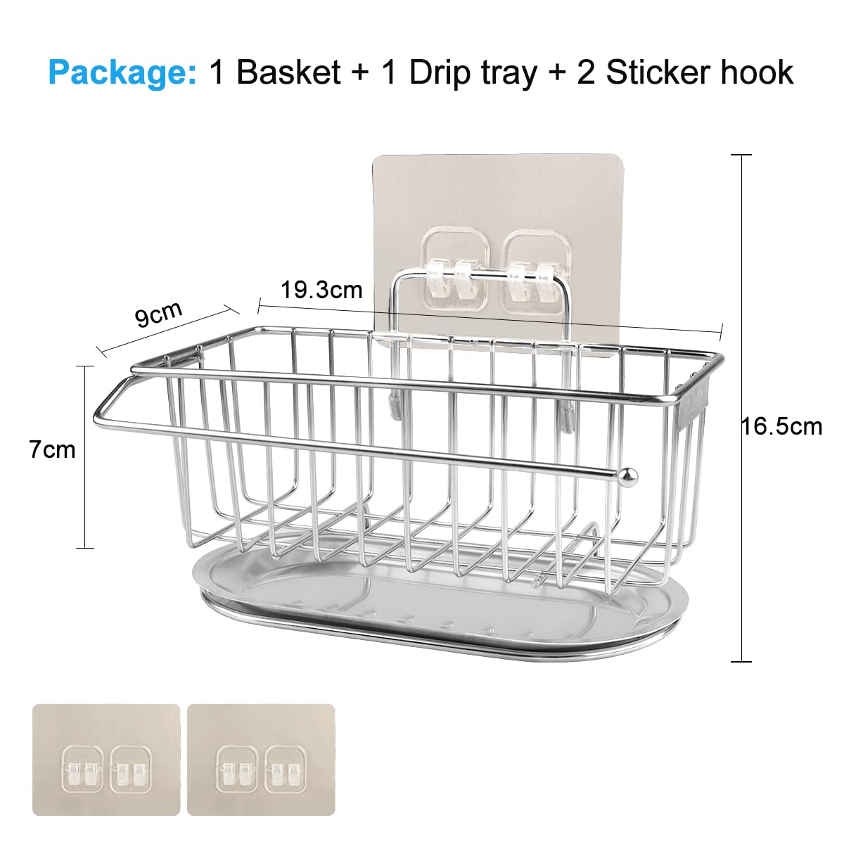 Funnasting Sponge Holder for Kitchen Sink, Sink Caddy Kitchen Sink Organizer for Dish Rags Sponge Brush Soap Dispenser SUS304 Stainless Steel Removable Drain Tray with Adhesive Hooks & No Drilling
