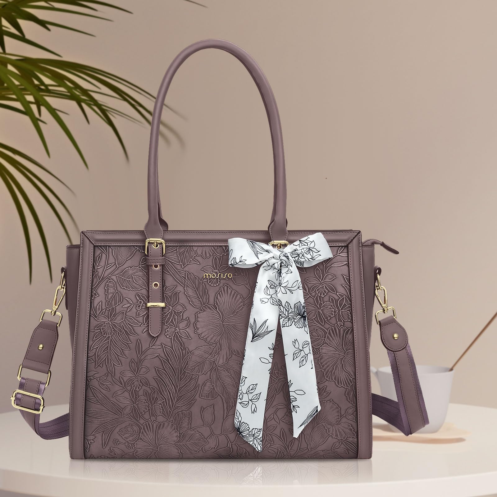 MOSISO Laptop Bag for Women, 15.6-16 inch PU Leather Tote Bag Compatible with MacBook, HP, Dell, Asus Notebook, Front Embossed Retro Hibiscus Computer Bag with Silk Scarf&Clutch Purse, Slate Purple