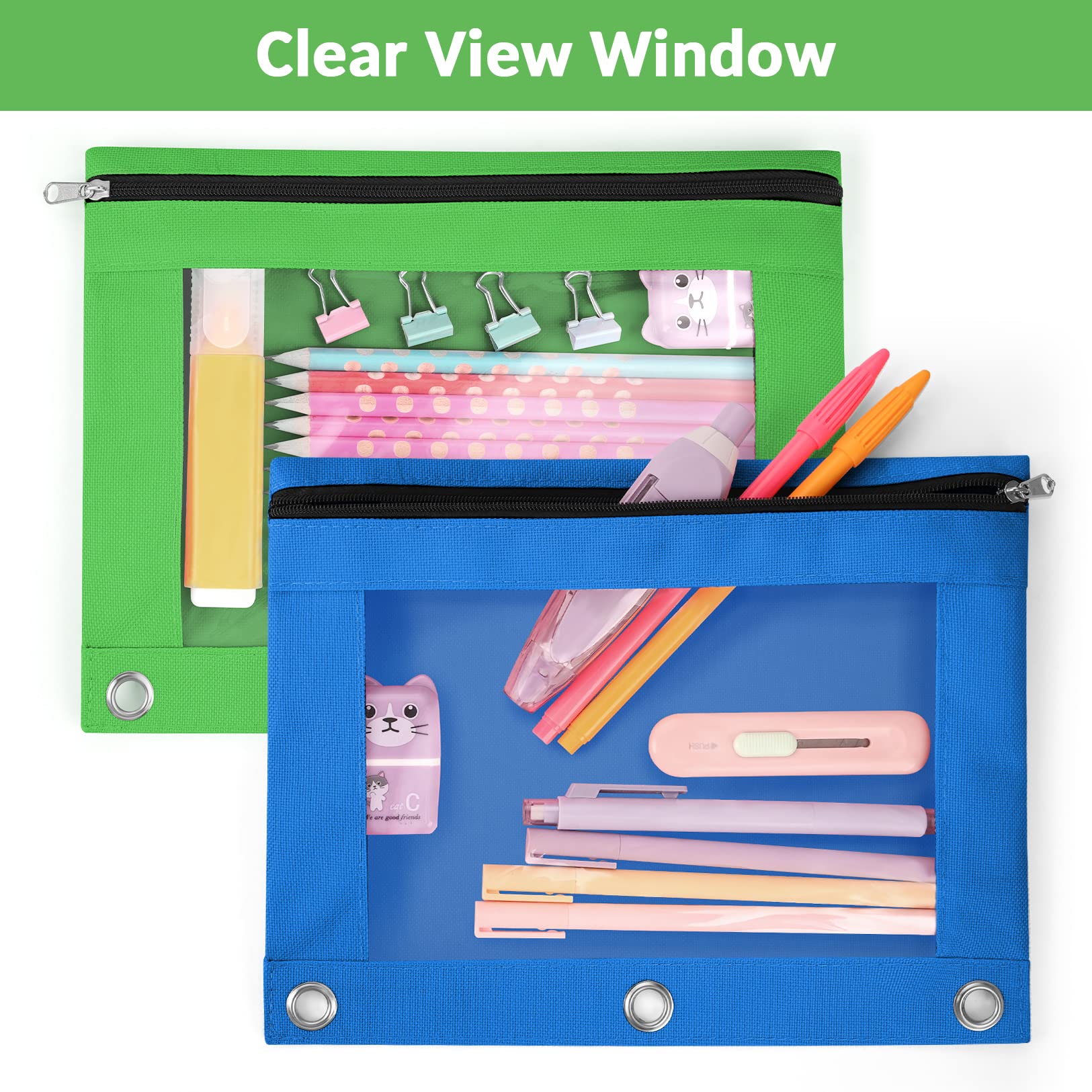 Sooez Pencil Pouch for 3 Ring Binder, 2 Pack Binder Pencil Pouch with Clear Window Pencil Bags with Zipper & Reinforced Grommets, Pencil Case for Binder Blue & Green