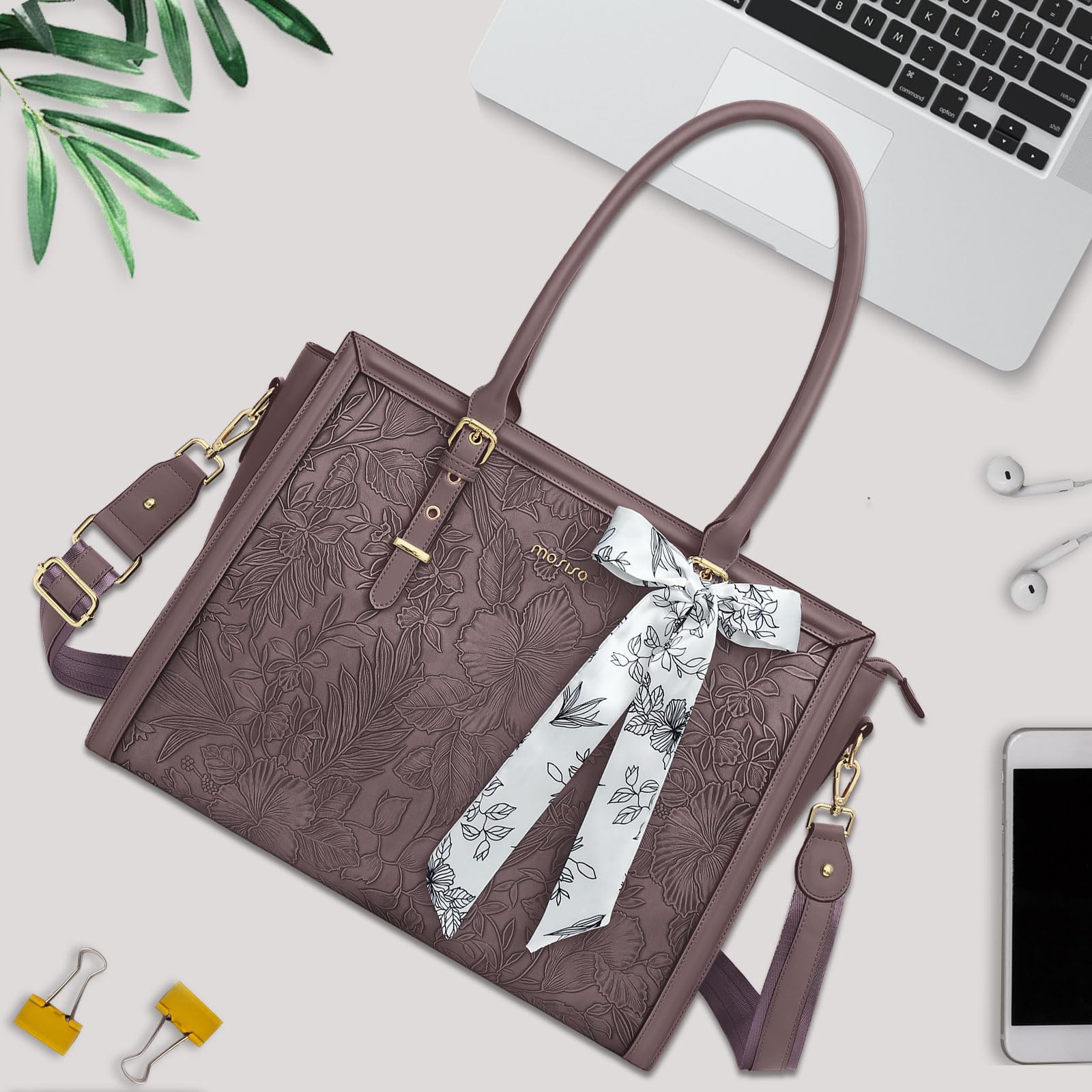MOSISO Laptop Bag for Women, 15.6-16 inch PU Leather Tote Bag Compatible with MacBook, HP, Dell, Asus Notebook, Front Embossed Retro Hibiscus Computer Bag with Silk Scarf&Clutch Purse, Slate Purple