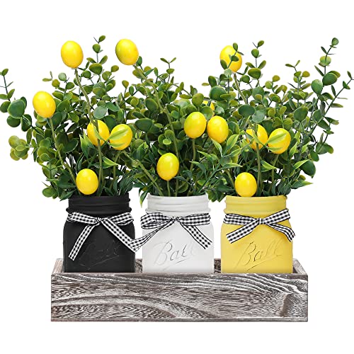 Lemon Mason Jars Centerpiece for Table, Wood Tray with 3 Painted Jars, Dining Coffee Table Centerpiece For Kitchen, Living Room, Spring Mason Jar Decor with Lemon